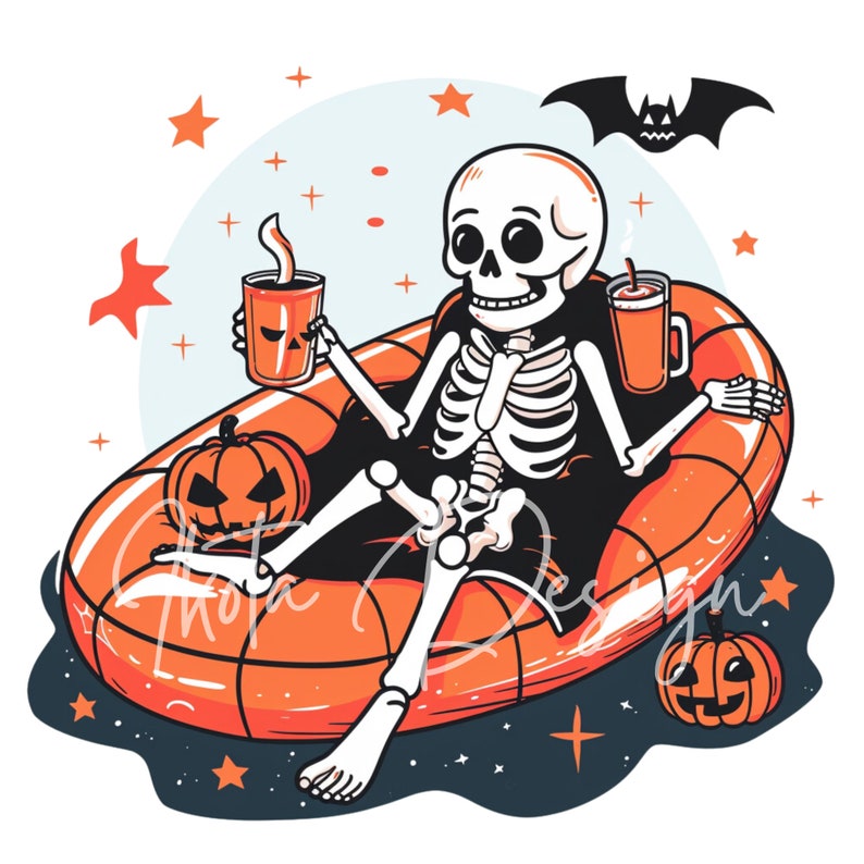 Skeleton Float Clipart Set, Spooky Skeletons Relaxing on Halloween Pool ...