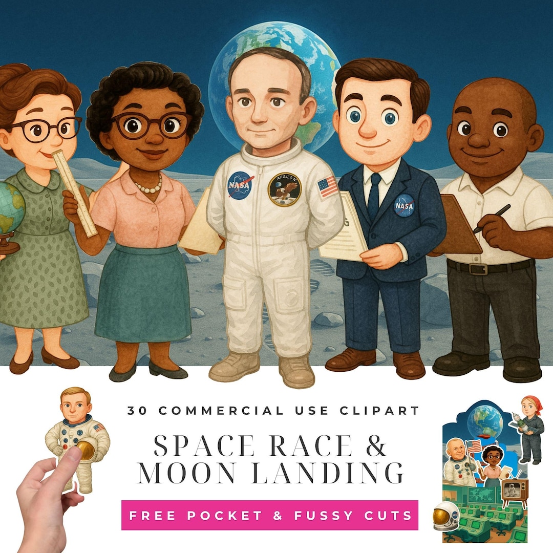 Space Race Moon Landing Watercolor Clipart Bundle, Retro Astronauts Art ...