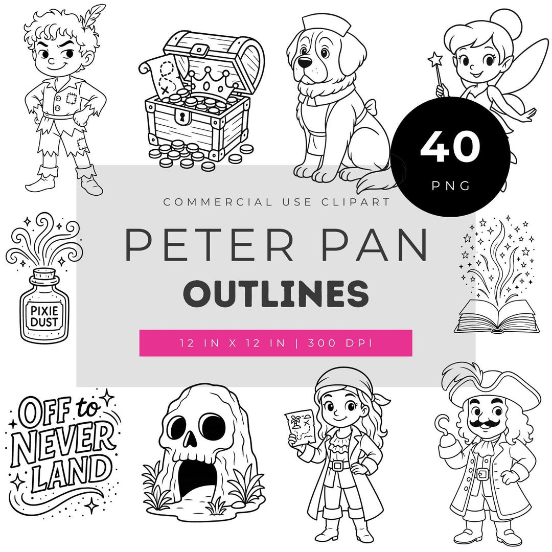 Peter Pan Coloring Book Clipart Bundle, Storybook Outline Illustrations ...