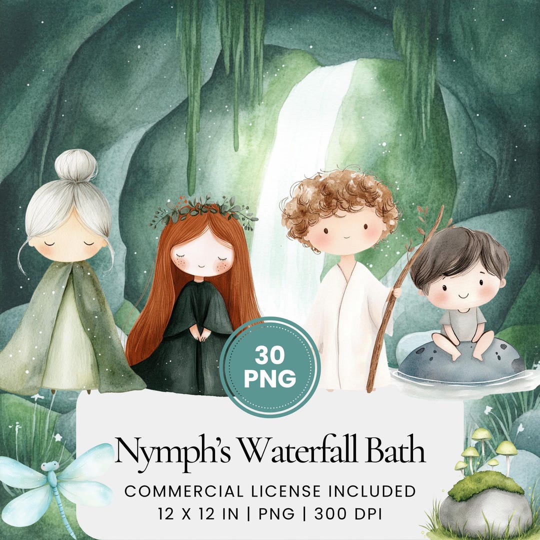 Nymph’s Waterfall Bath Clipart, Mystical Forest Spirits by Waterfall ...