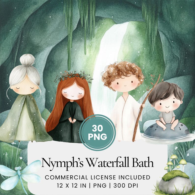 Nymph’s Waterfall Bath Clipart, Mystical Forest Spirits by Waterfall ...