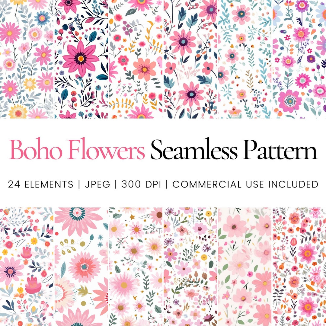 Pink Boho Flowers Digital Paper, Seamless Repeat Pattern, Background ...