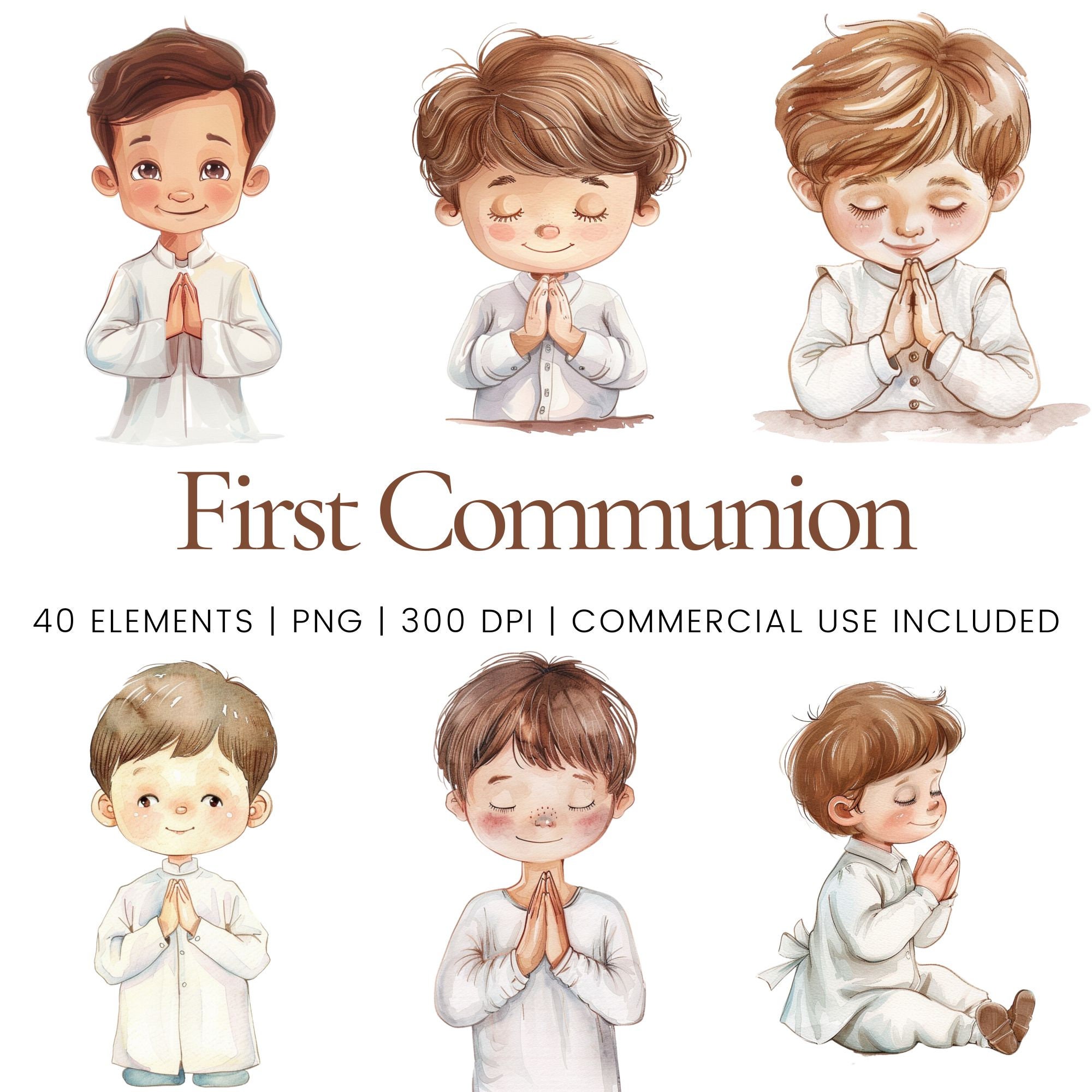 First Communion Boy Clipart, Watercolor Praying Child Illustrations ...