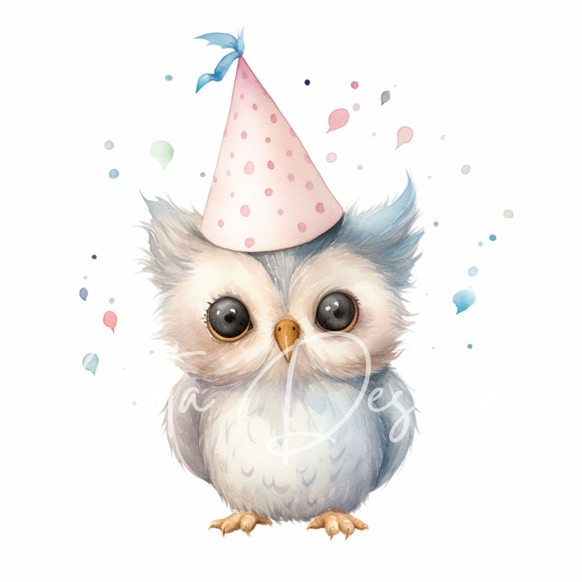 Party Owl Watercolor Clipart Set, Cute Birthday Owl Illustration for ...