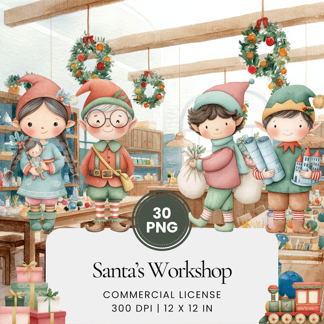 Santa’s Workshop Christmas Clipart Bundle, Elf Workshop Watercolor ...