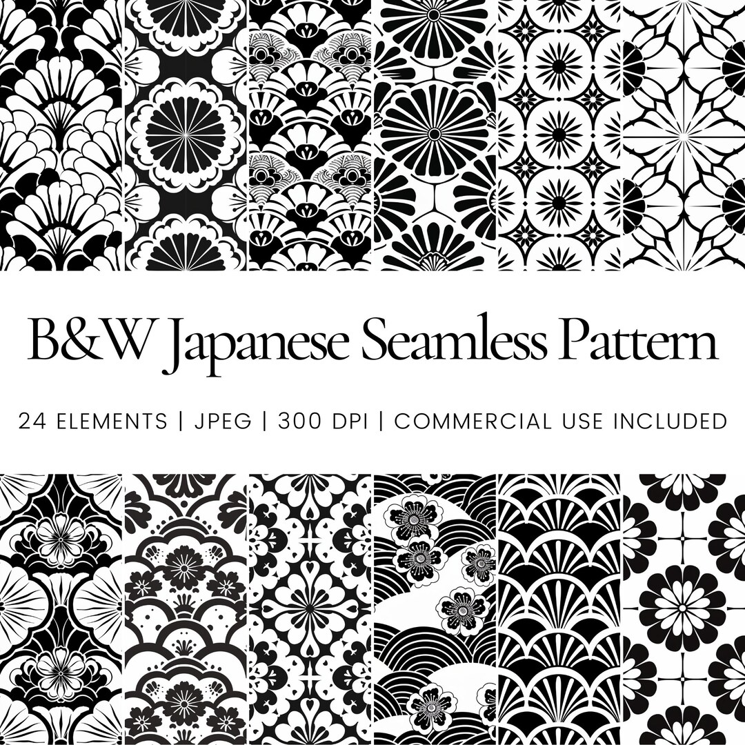 B&W Japanese Seamless Repeat Pattern, Digital Papers, Background ...