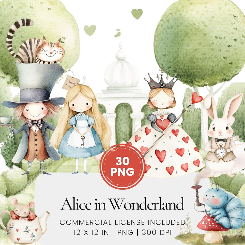 Alice in Wonderland Clipart, Watercolor PNG Set With Mad Hatter, Queen ...