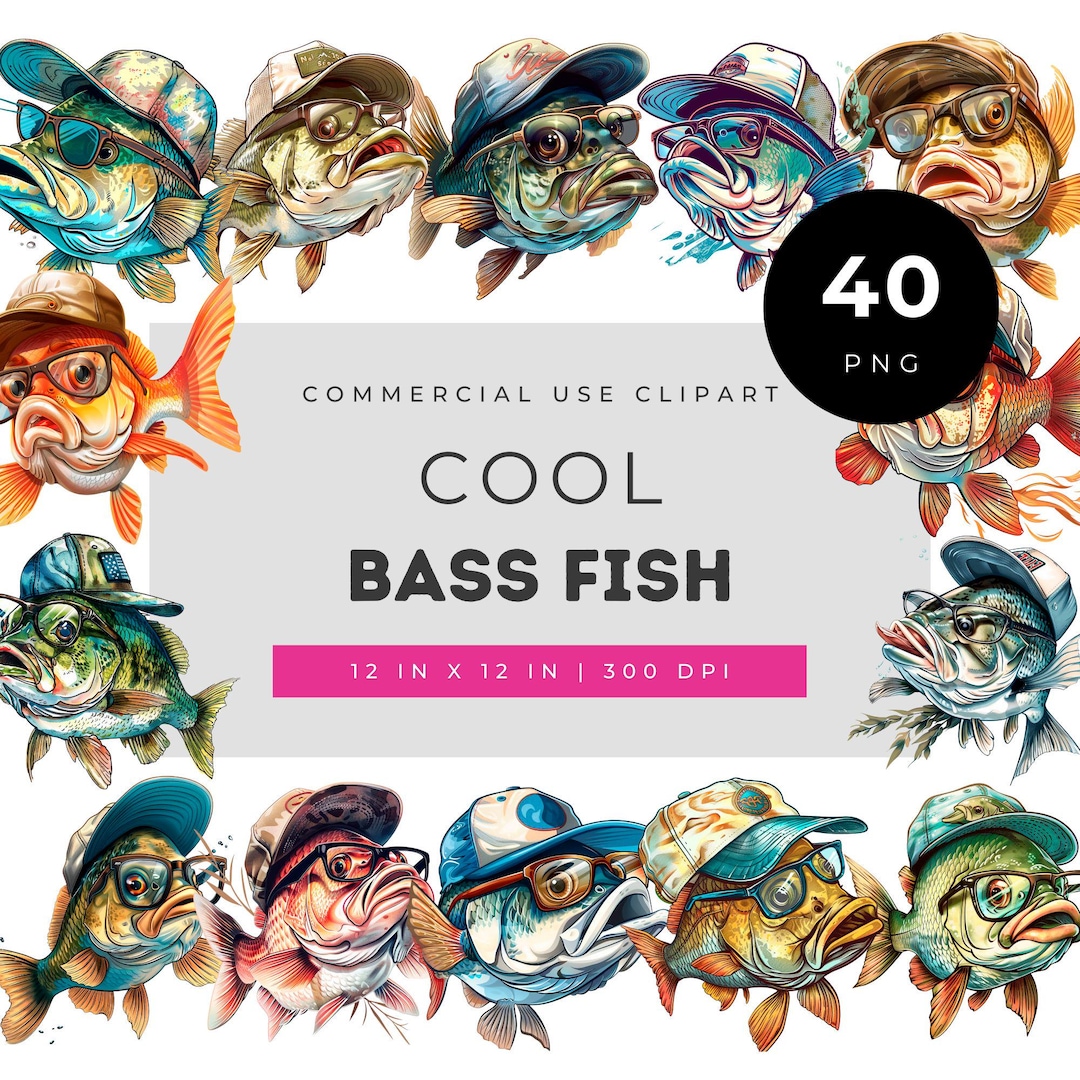 Cool Bass Fish Clipart, Funny Fishing Illustration, Hipster Fish ...