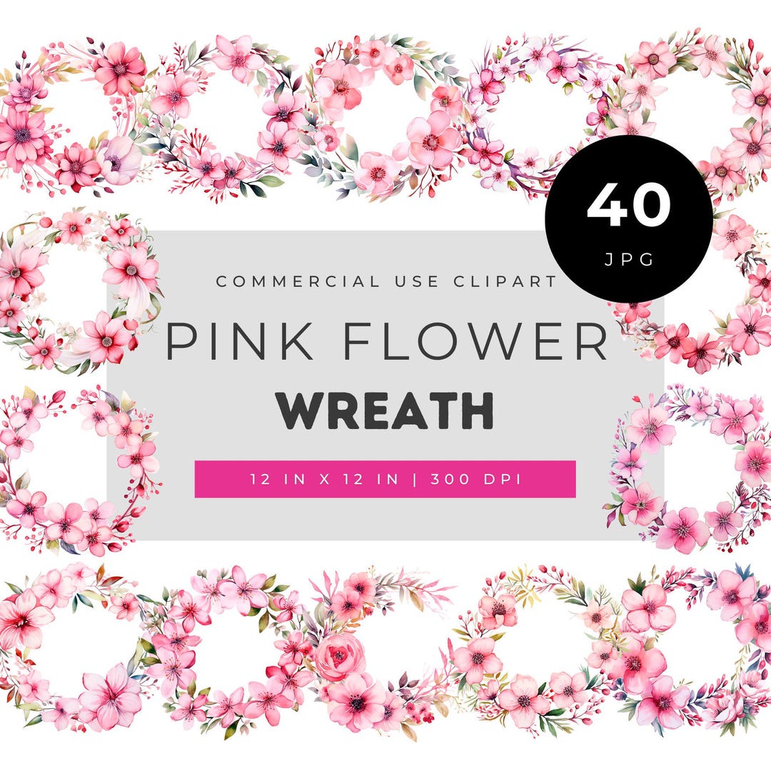 Watercolor Pink Flower Wreath Clipart Bundle, Floral Circle Frames JPG ...