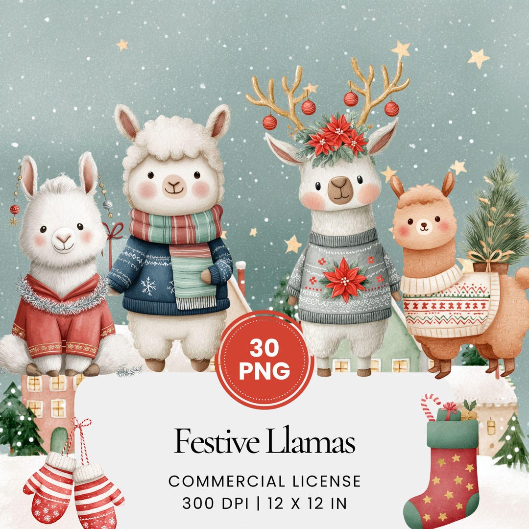Festive Llamas Christmas Clipart Bundle, Quirky Llama Illustrations in ...