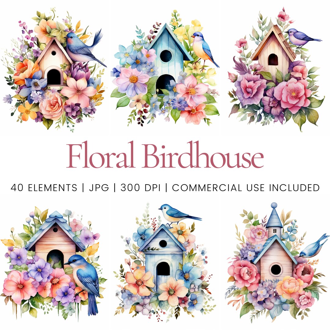 Floral Birdhouse Clipart 40 High Quality Jpgs Digital Planner, Junk ...