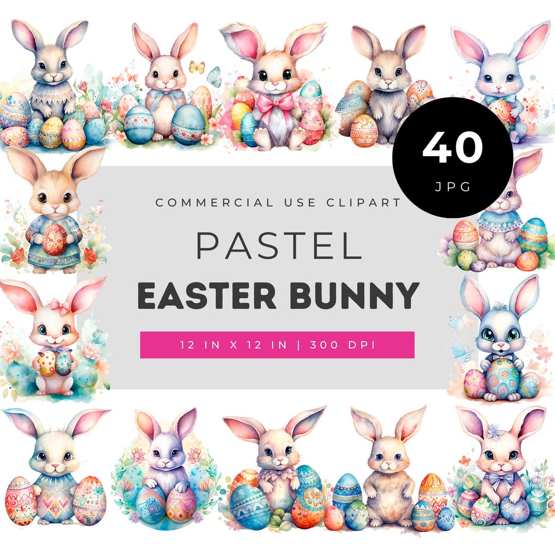Pastel Easter Bunny Clipart Bundle, Cute Spring Rabbit Illustrations ...