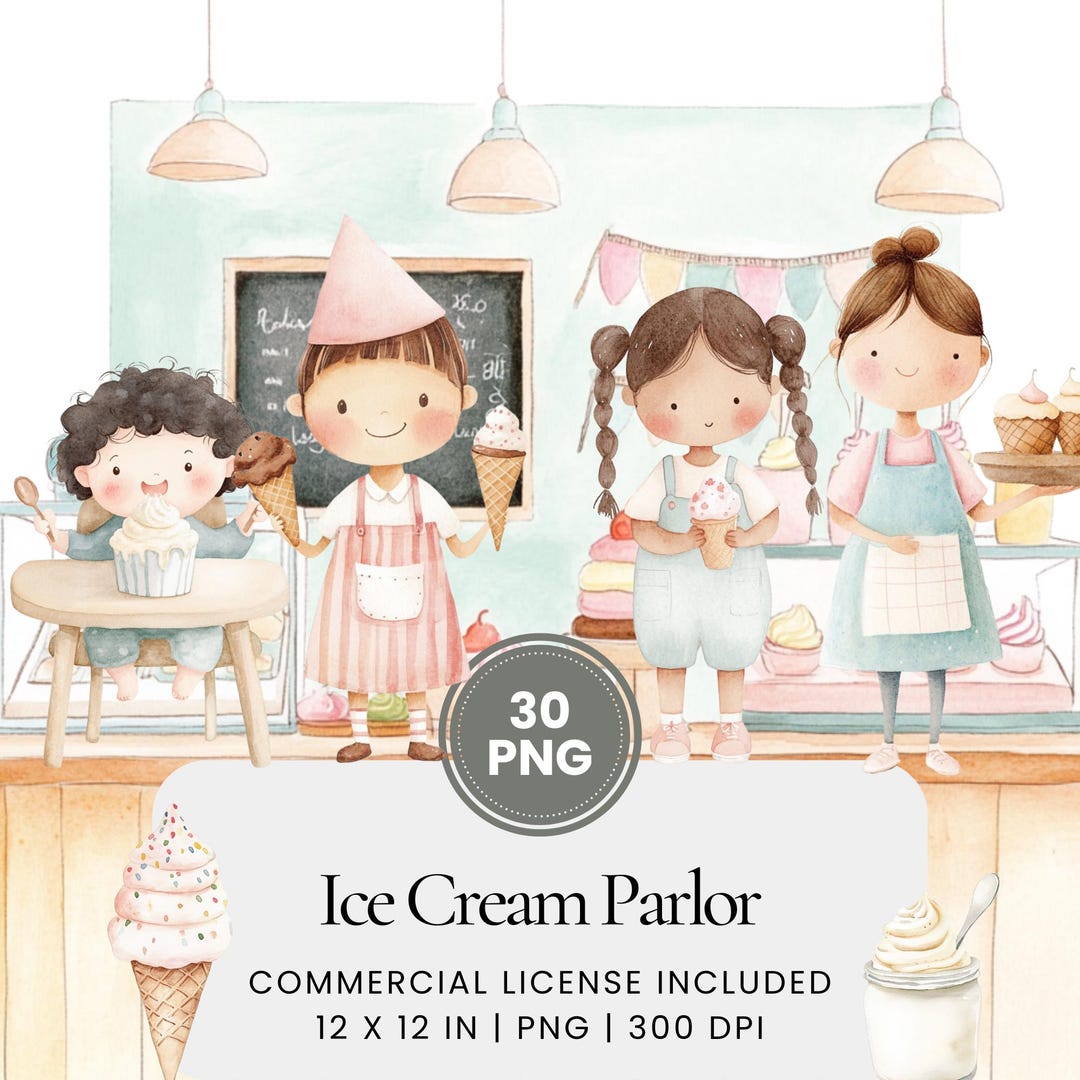 Ice Cream Parlor Clipart Bundle With Cute Dessert Shop Characters for ...