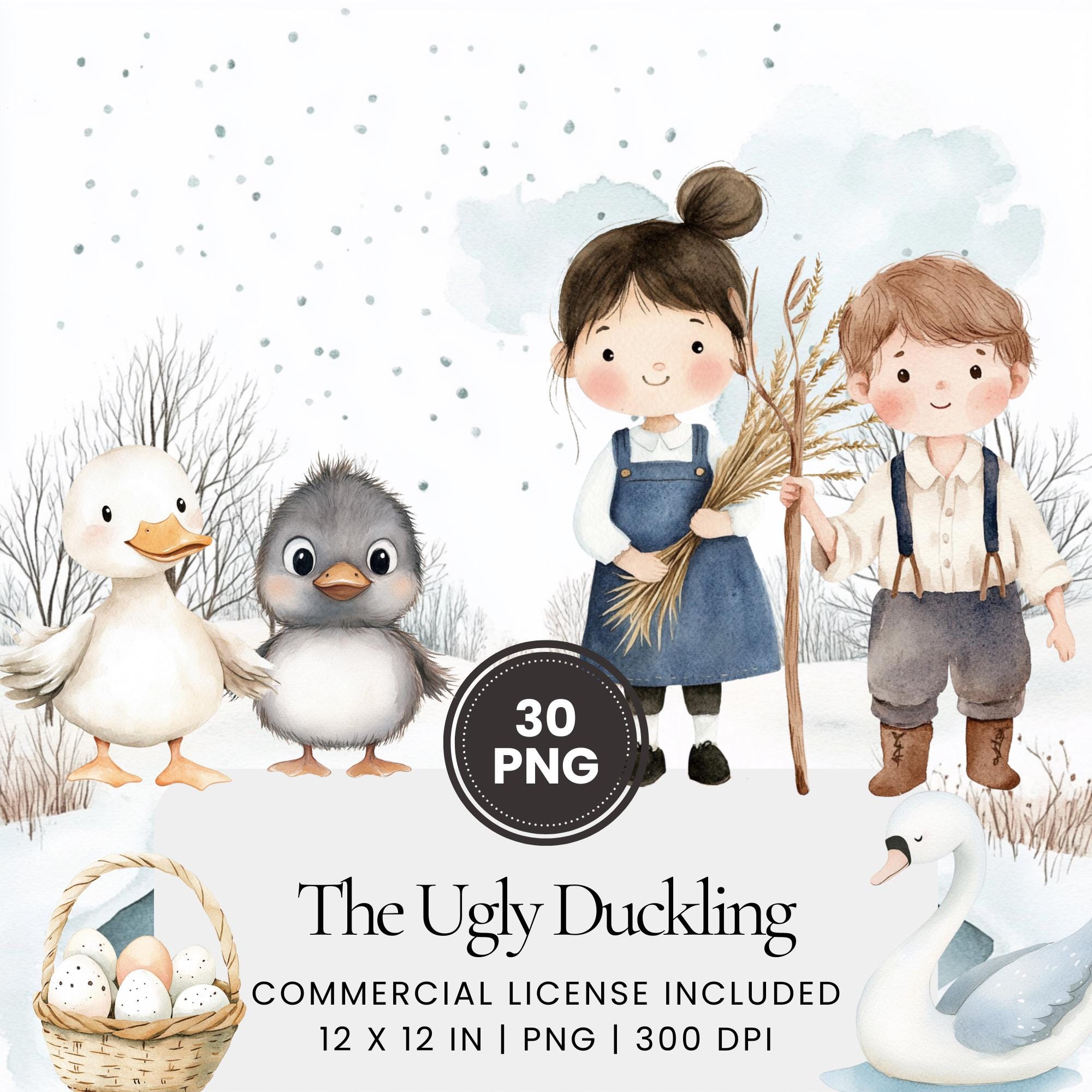 The Ugly Duckling Clipart, Watercolor Fairytale Animals and Children ...