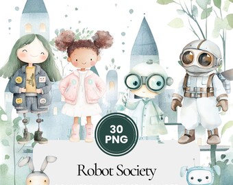 Robot Society clipart set, cute futuristic kids and bots bundle for ...