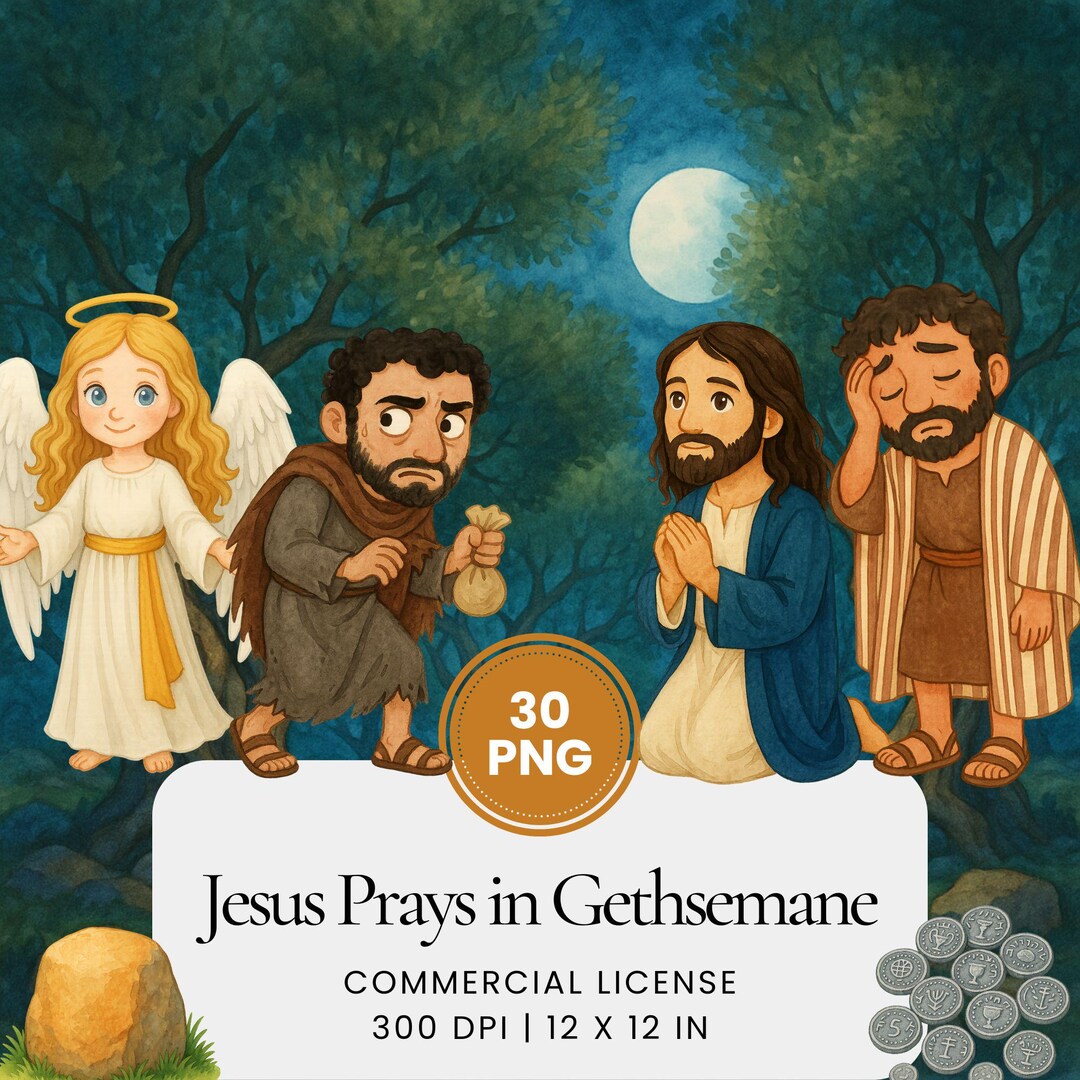 Bible Story Gethsemane Clipart Bundle, Jesus Prays Watercolor ...