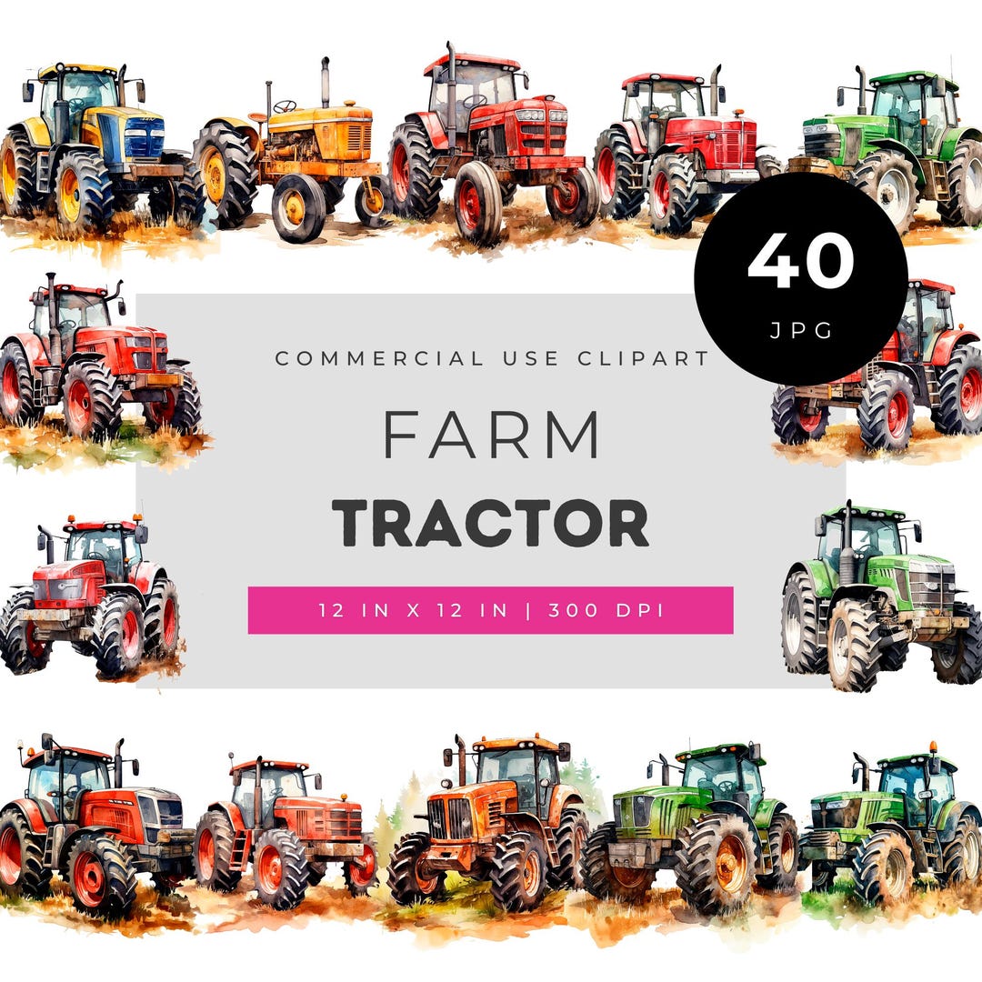 Farm Tractor Clipart Set for Rural Agriculture Artwork, Watercolor ...