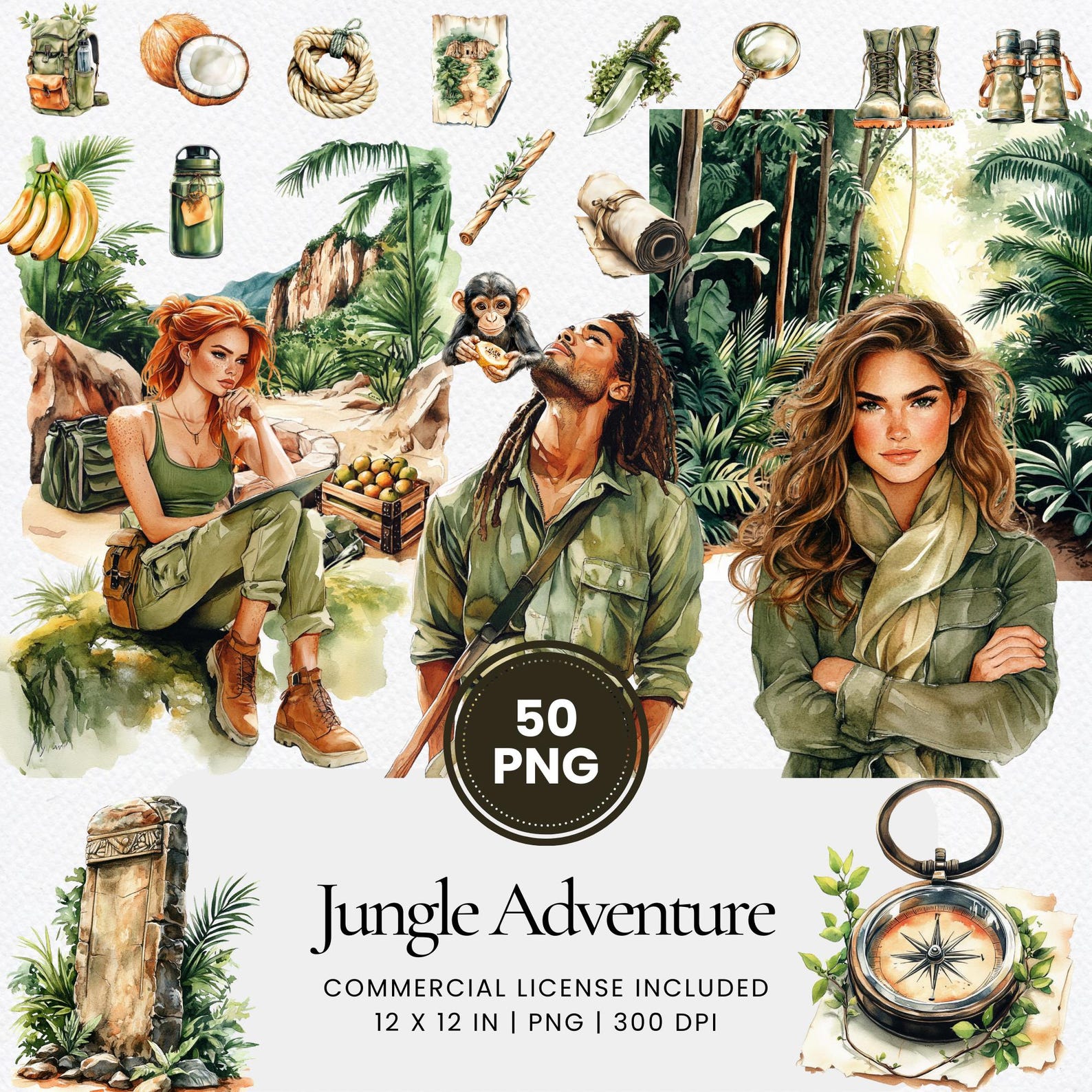 Jungle Adventure Clipart Bundle With Explorers Survival Gear Tropical ...