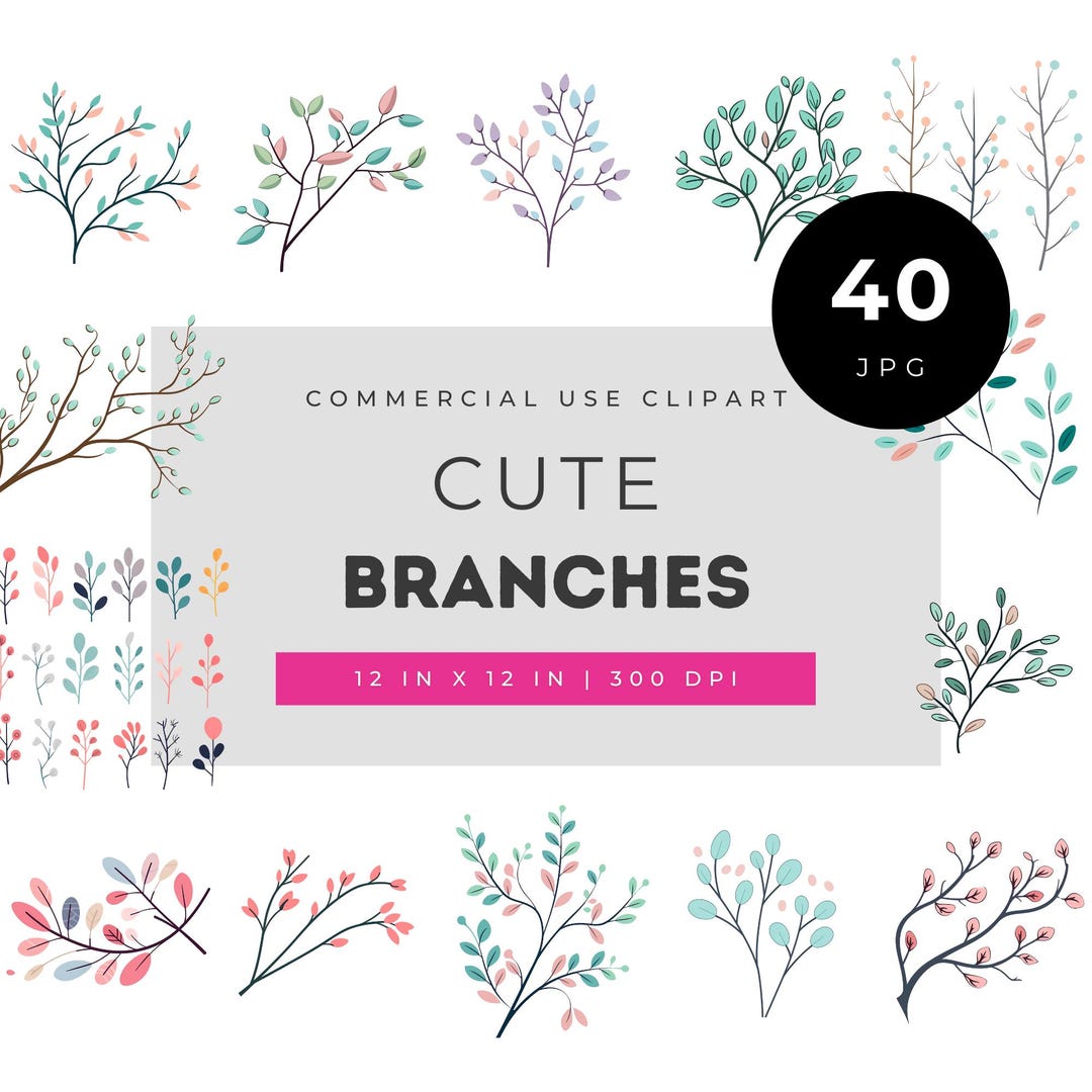 Cute Branches Clipart Bundle With Pastel Leaves and Whimsical Twigs for ...
