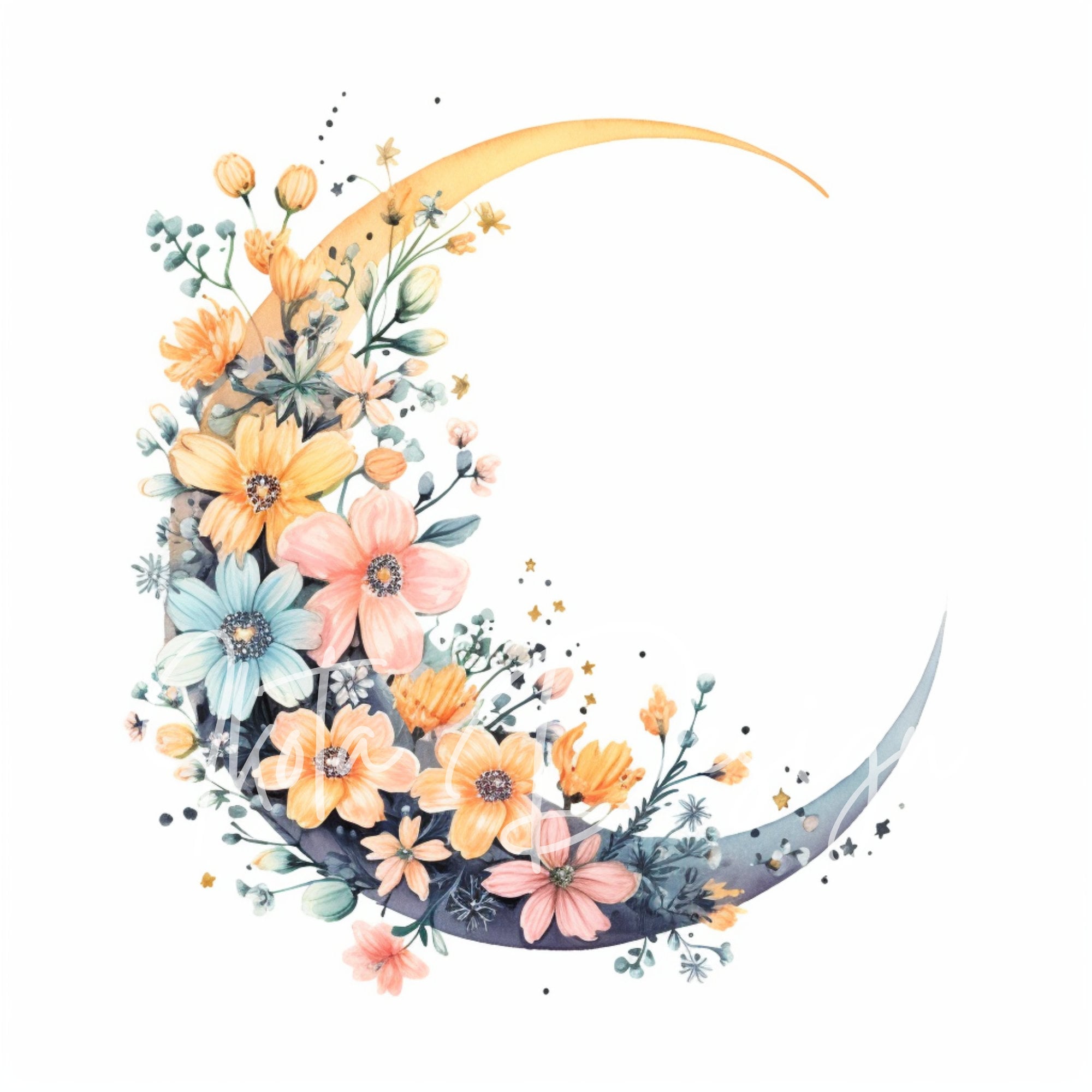 Moon & Flowers Clipart - 40 High Quality JPG - Digital Planner, Junk ...