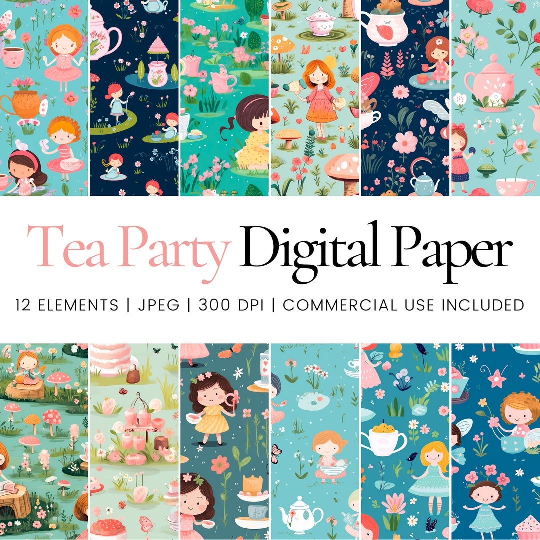 Tea Party Digital Paper Pack, Cute Girl Tea Time Background, Fairy ...