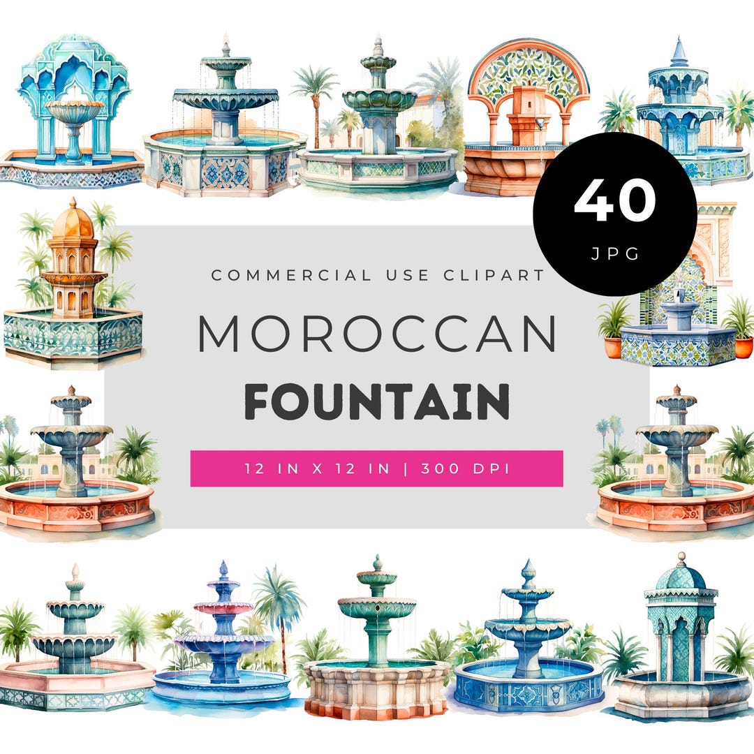 Watercolor Moroccan Fountain Clipart Set Ornate Mosaic Fountains ...