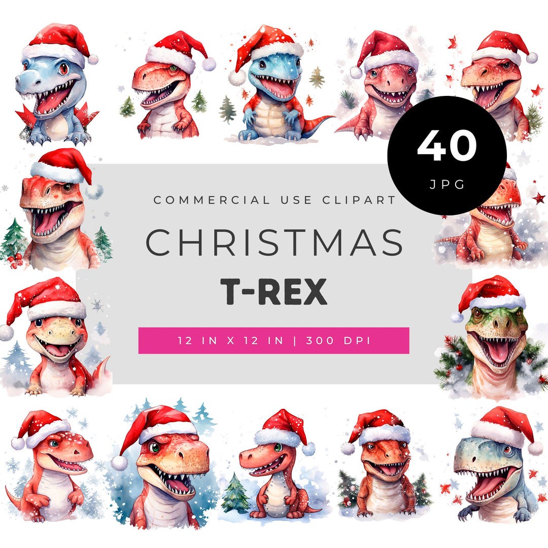 Christmas Dinosaur Clipart, Cute T-rex Png Set, Festive Dino With Santa ...