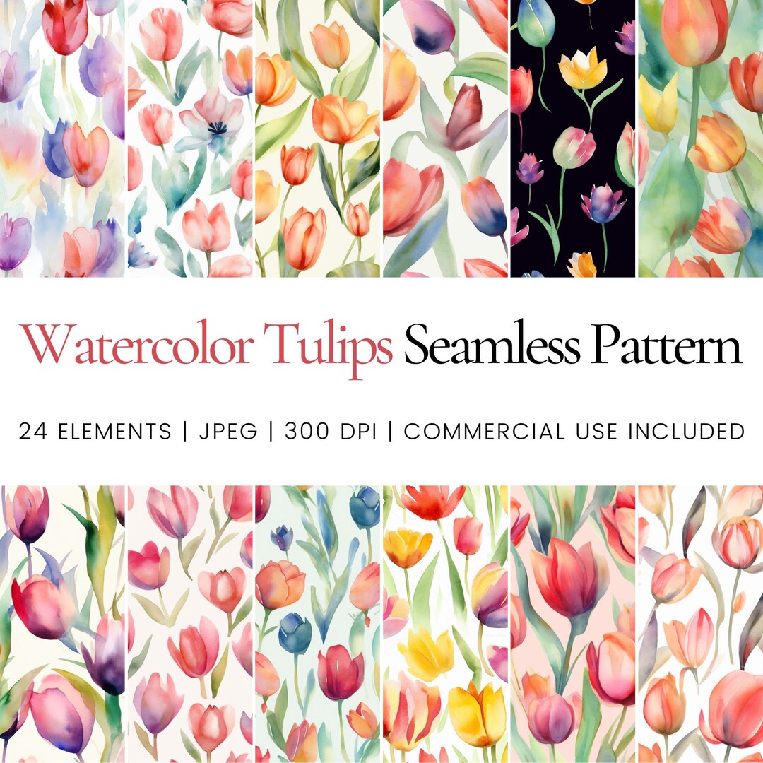 Watercolor Tulips Digital Papers, Seamless Repeat Pattern, Background ...