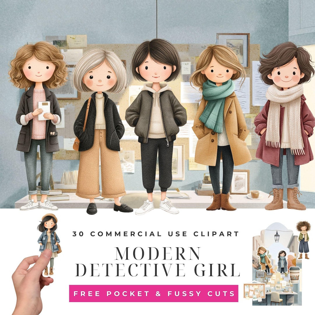 Modern Detective Girl Clipart Bundle, Cute Sleuth Character ...