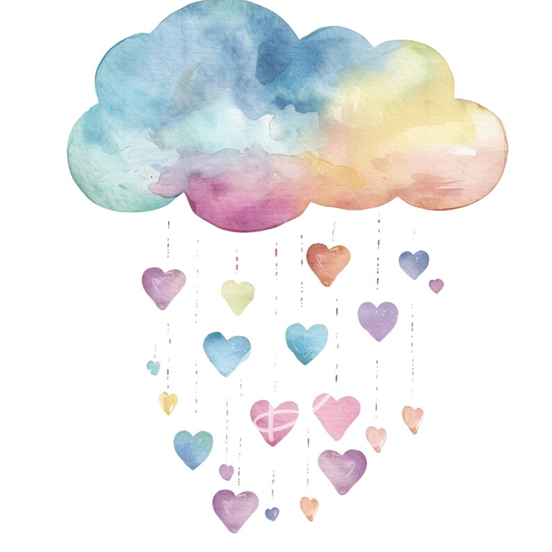 Watercolor Cloud and Hearts Clipart, Pastel Rainbow Heart Rain ...