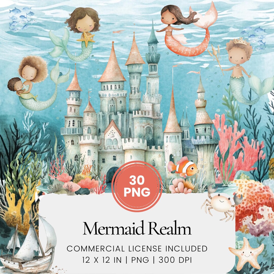 African American Mermaid Realm Clipart Underwater Castle Bundle Cute ...