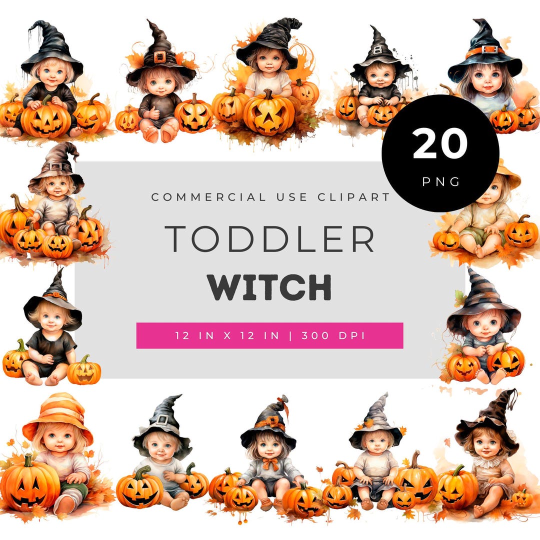 Toddler Witch Clipart Set, Cute Baby Witches With Pumpkins Hats and ...