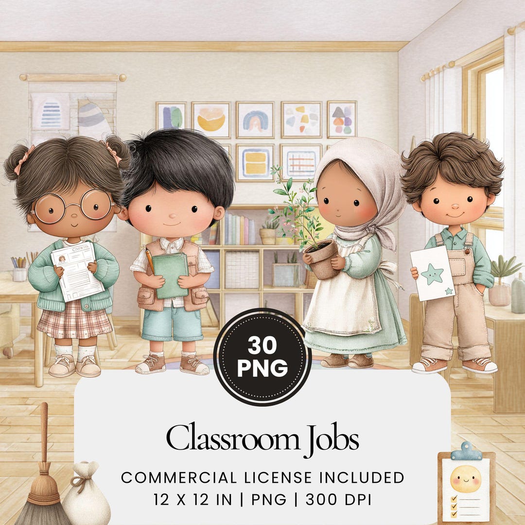 Classroom Jobs Watercolor Clipart Bundle, Cute Teacher Task Graphics ...
