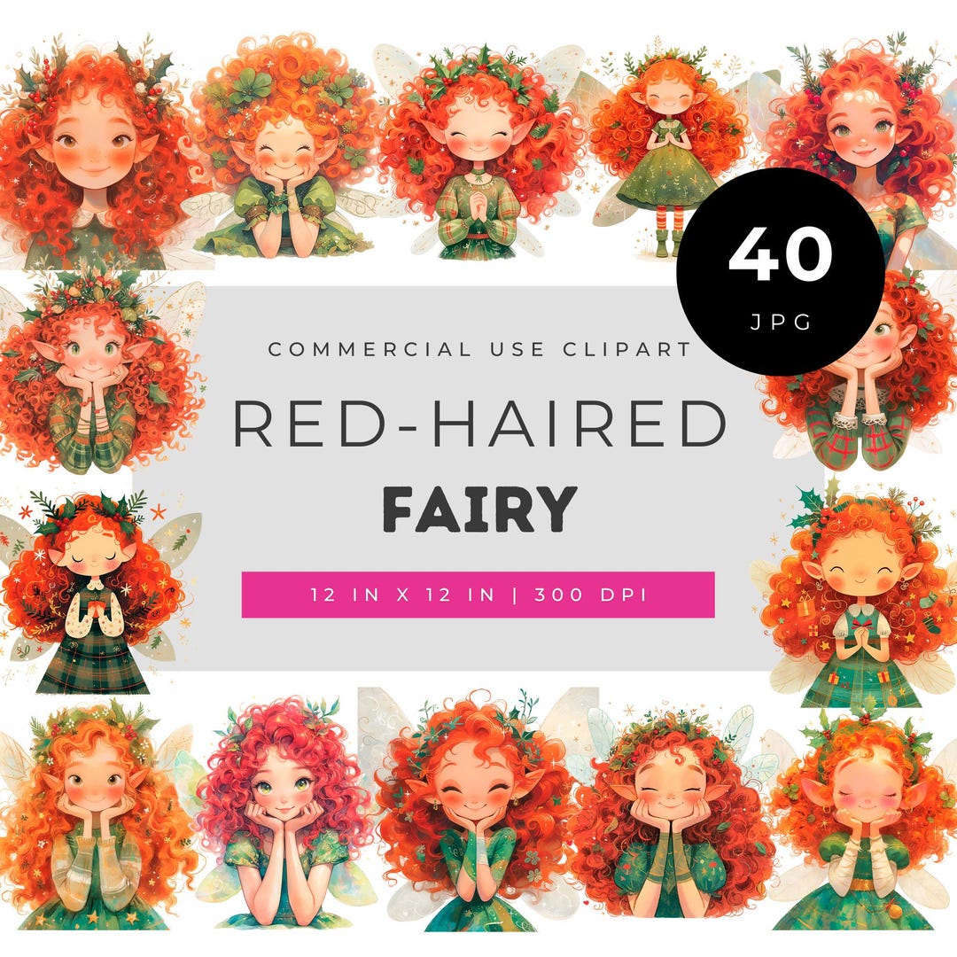 Red-haired Fairy Clipart, Whimsical Redhead Fairies in Green Dresses ...