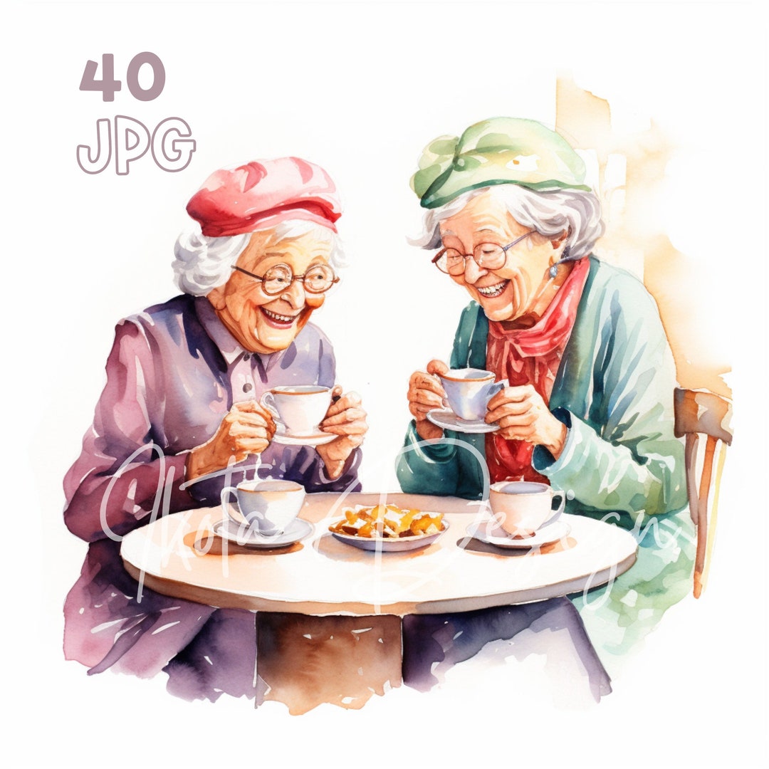 Old Lady Tea Party Clipart - 40 High Quality Jpgs - Digital Planner ...