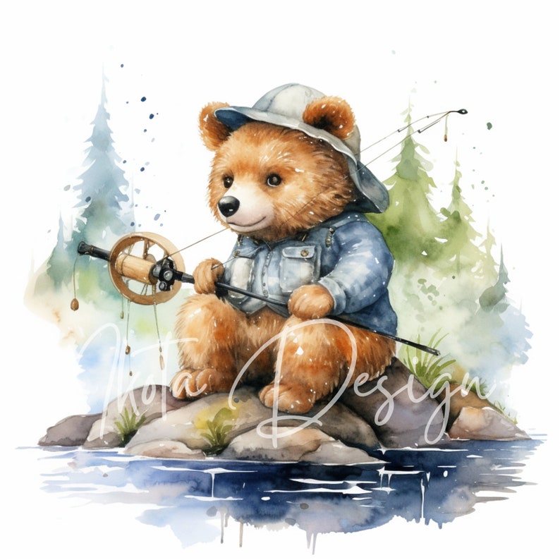 Cute Bear Fishing Clipart Collection, Watercolor Teddy Bears by the ...