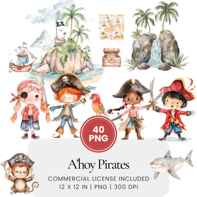 Ahoy Pirates Clipart Set, Cute Pirate PNG Bundle for Kids Crafts ...