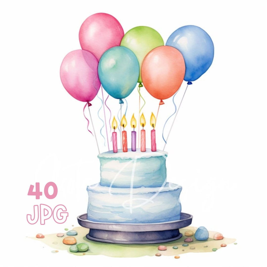 Birthday Cake & Balloons Clipart - 40 High Quality JPG - Digital ...