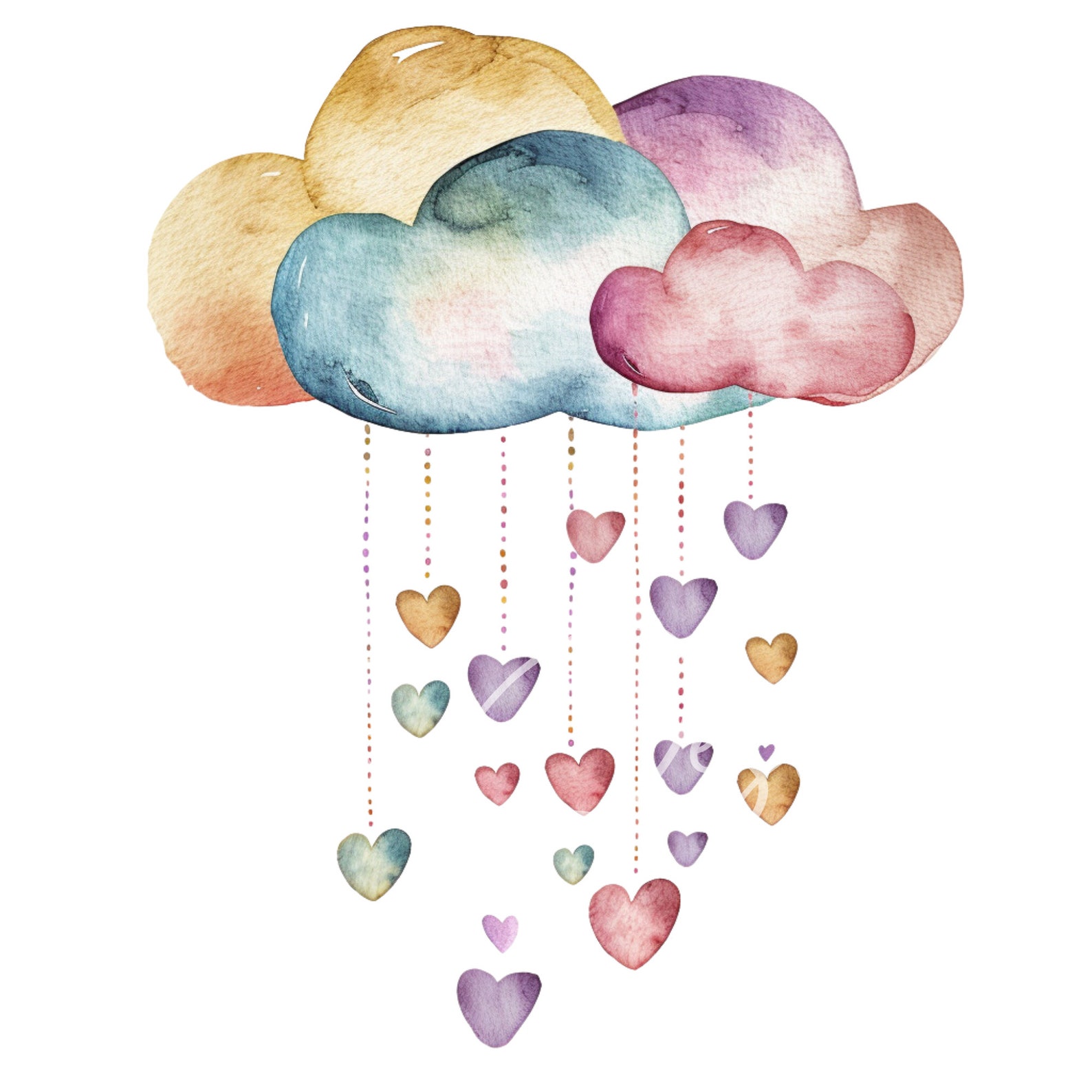 Watercolor Cloud and Hearts Clipart, Pastel Rainbow Heart Rain ...