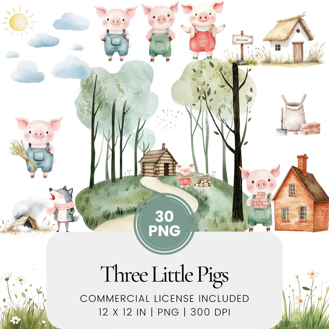 Three Little Pigs Clipart - 30 Pngs - Digital Planner, Junk Journaling ...