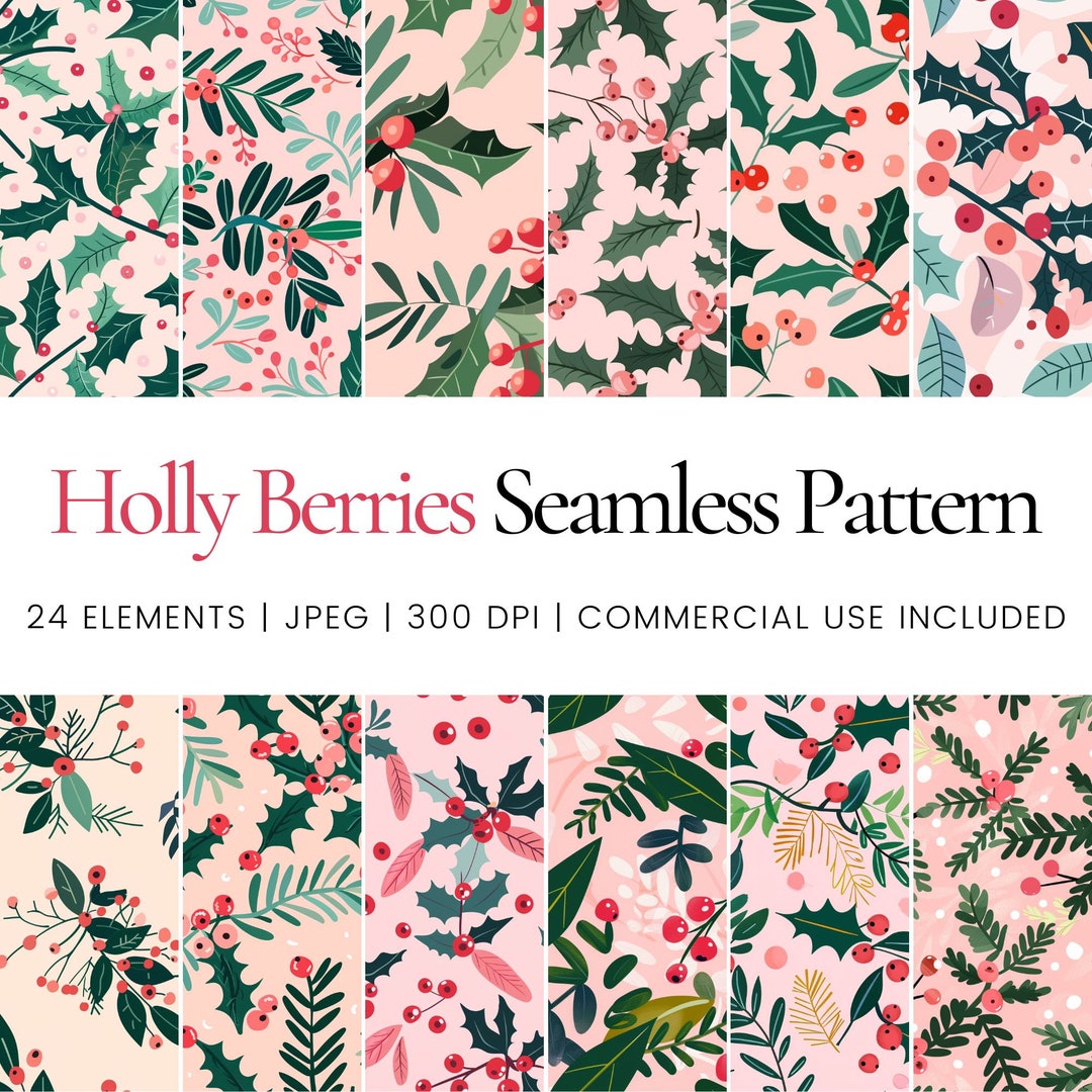 Christmas Holly Berries Seamless Repeat Pattern, Digital Paper ...