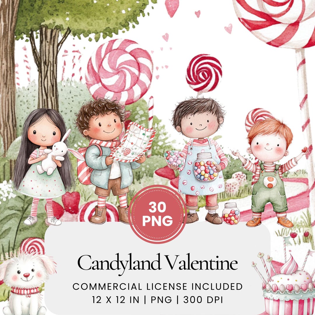 Candyland Valentine Watercolor Clipart, Cute Kids Sweets Lollipops ...
