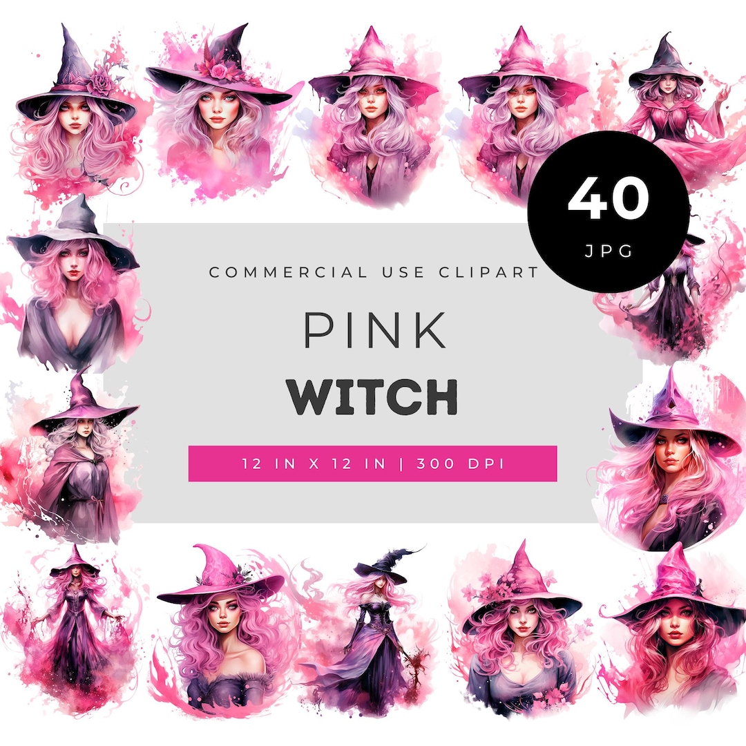 Pink Witch Clipart Bundle, Feminine Witchy Art Png Set, Pastel Fantasy ...