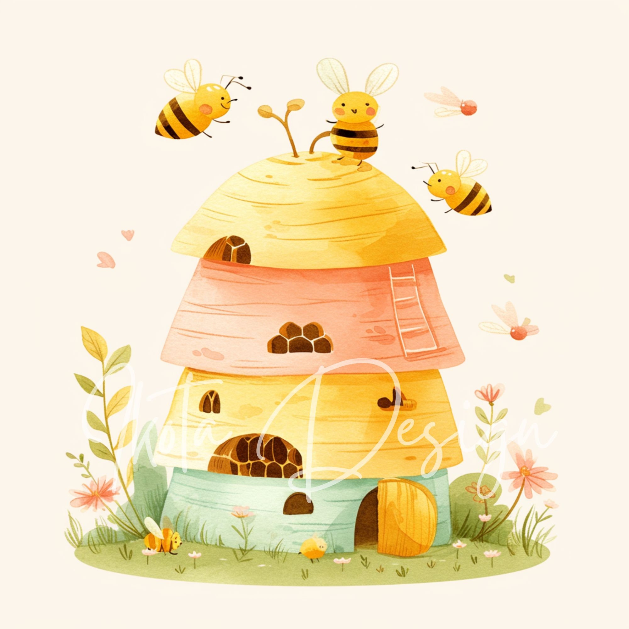Little Beehive Clipart JPG Bundle, Cute Watercolor Bee House Graphics ...