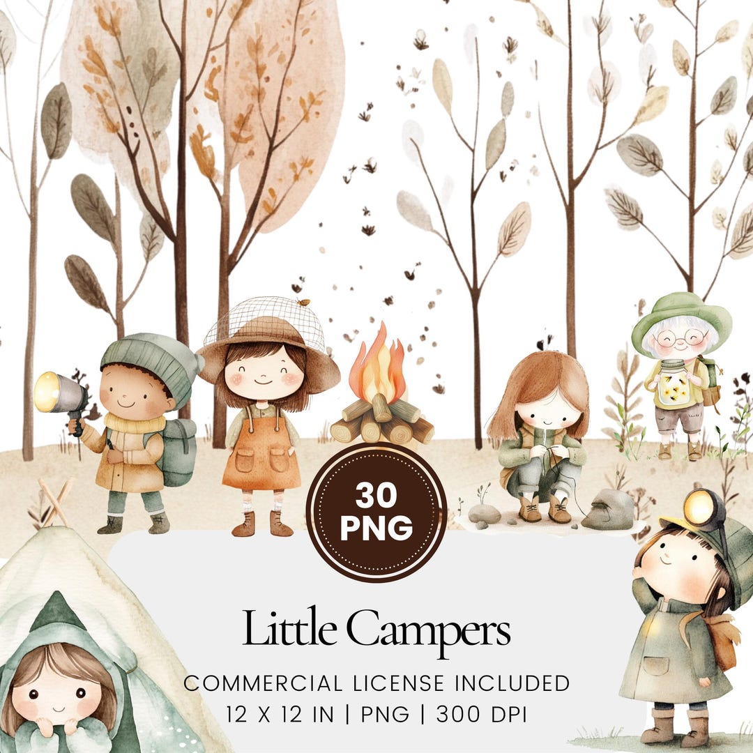 Little Campers Watercolor Clipart Bundle, Cute Kids Camping ...