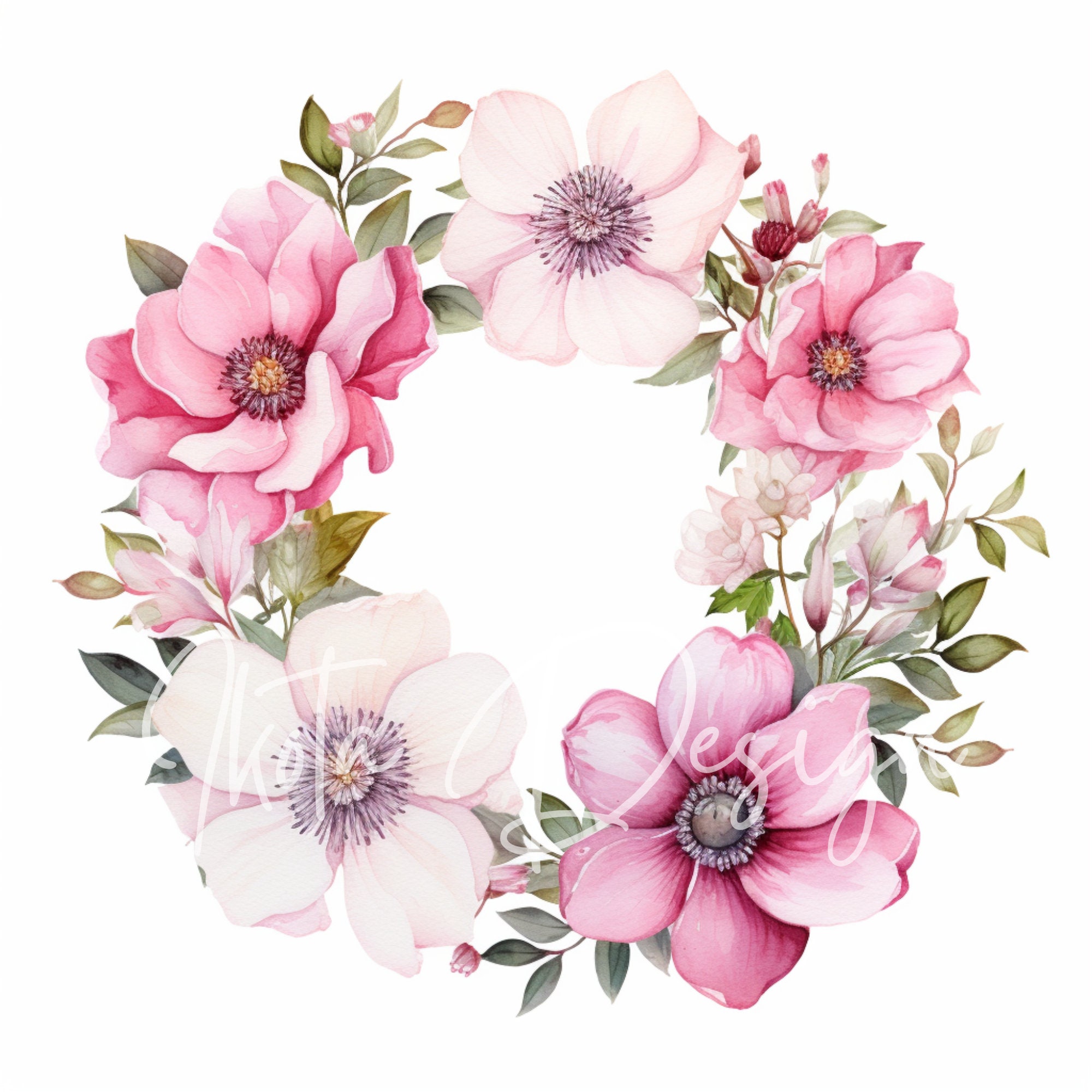 Watercolor Pink Flower Wreath Clipart Bundle, Floral Circle Frames JPG ...