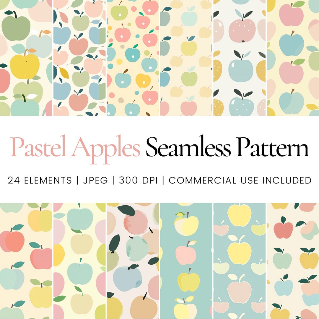Pastel Apples Seamless Pattern Bundle, Cute Apple Digital Paper, Soft ...