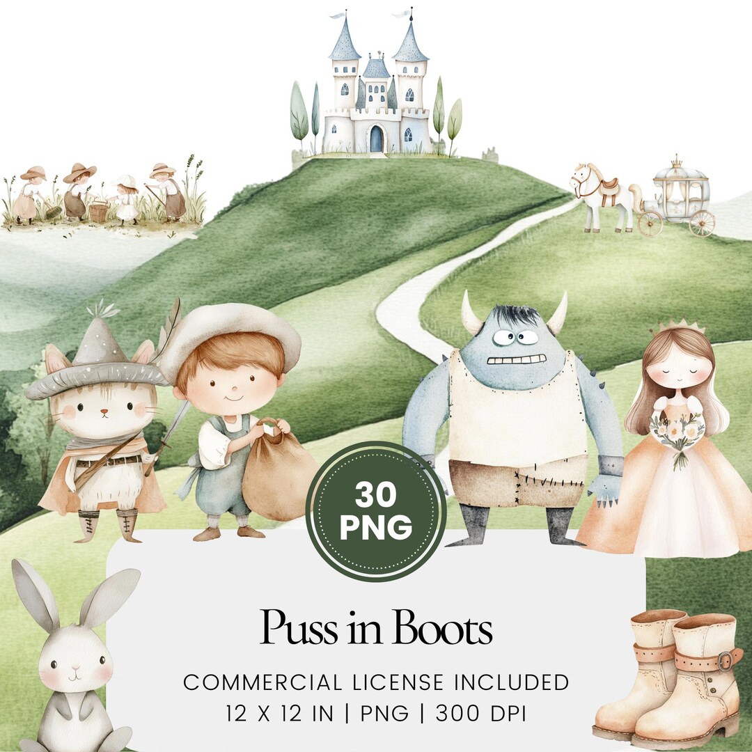 Puss in Boots Clipart - 30 PNG - Digital Planner, Junk Journaling, Wall ...