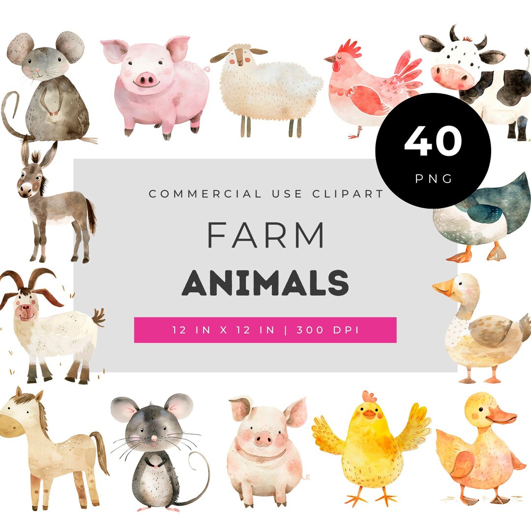 Watercolor Farm Animals Clipart Set With Pig Cow Sheep Chicken Duck ...