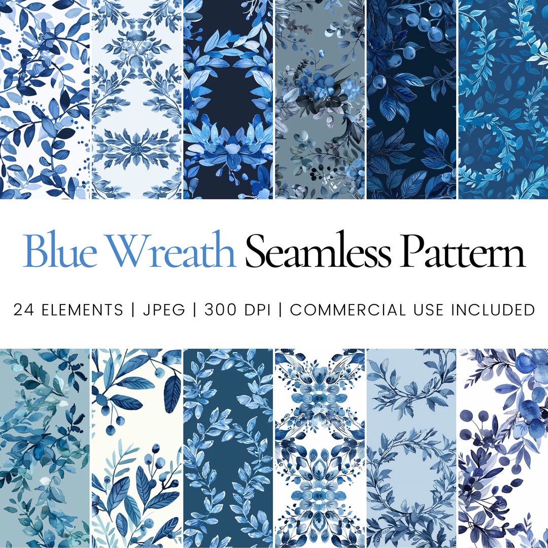 Blue Wreath Seamless Repeat Pattern, Digital Papers, Background ...